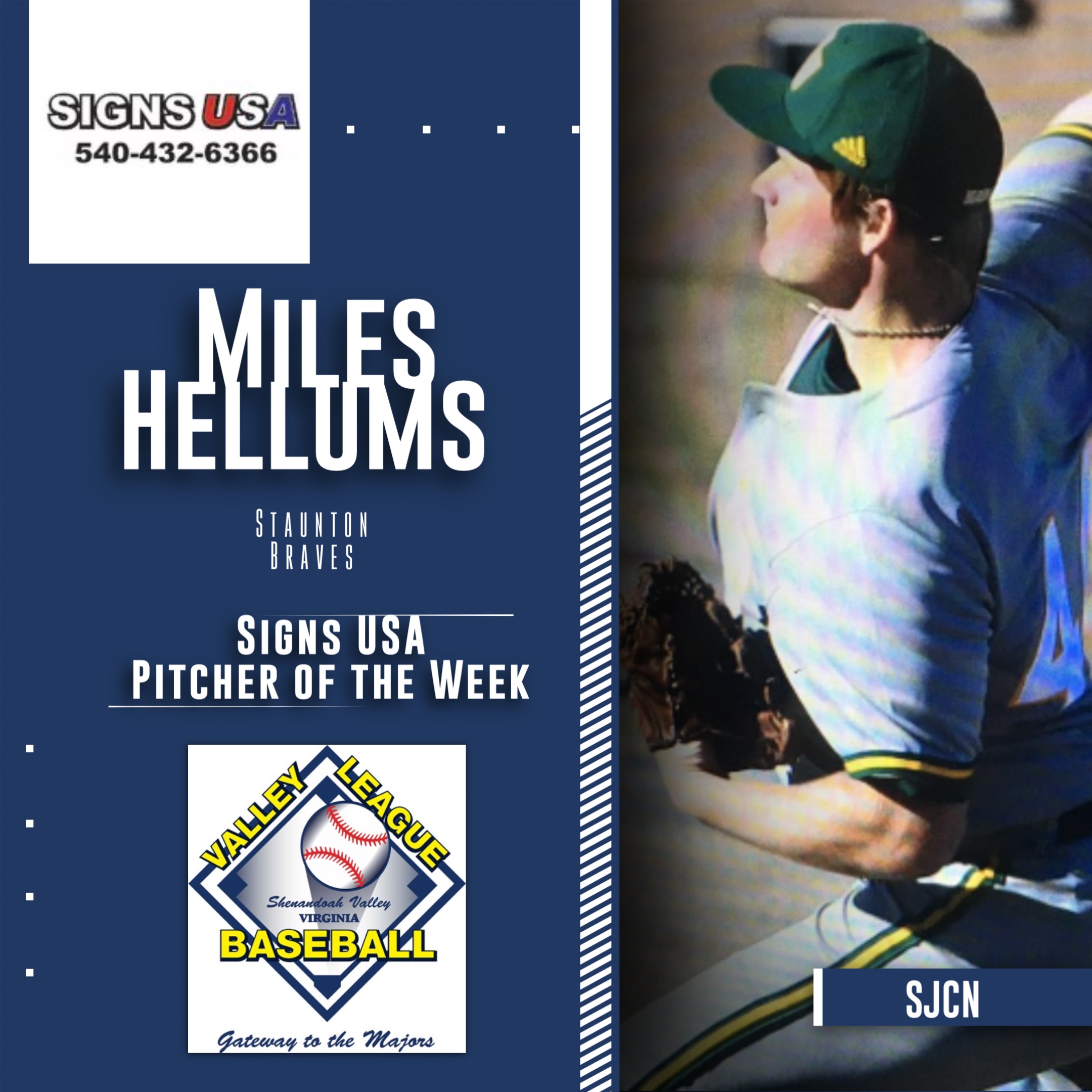 Hellums Named USA Signs Pitcher of the Week - Valley League Baseball